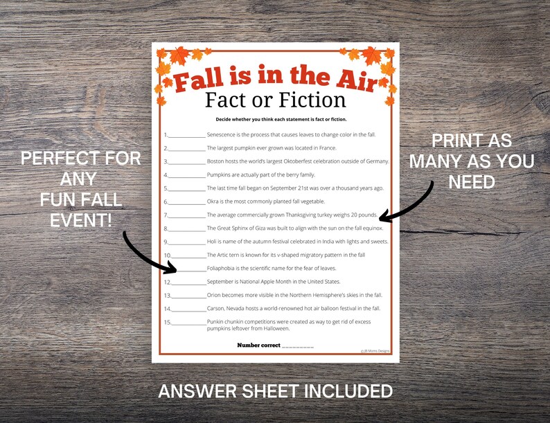 Fall Fact or Fiction Trivia Game: Printable Autumn Activity (PDF) - Etsy