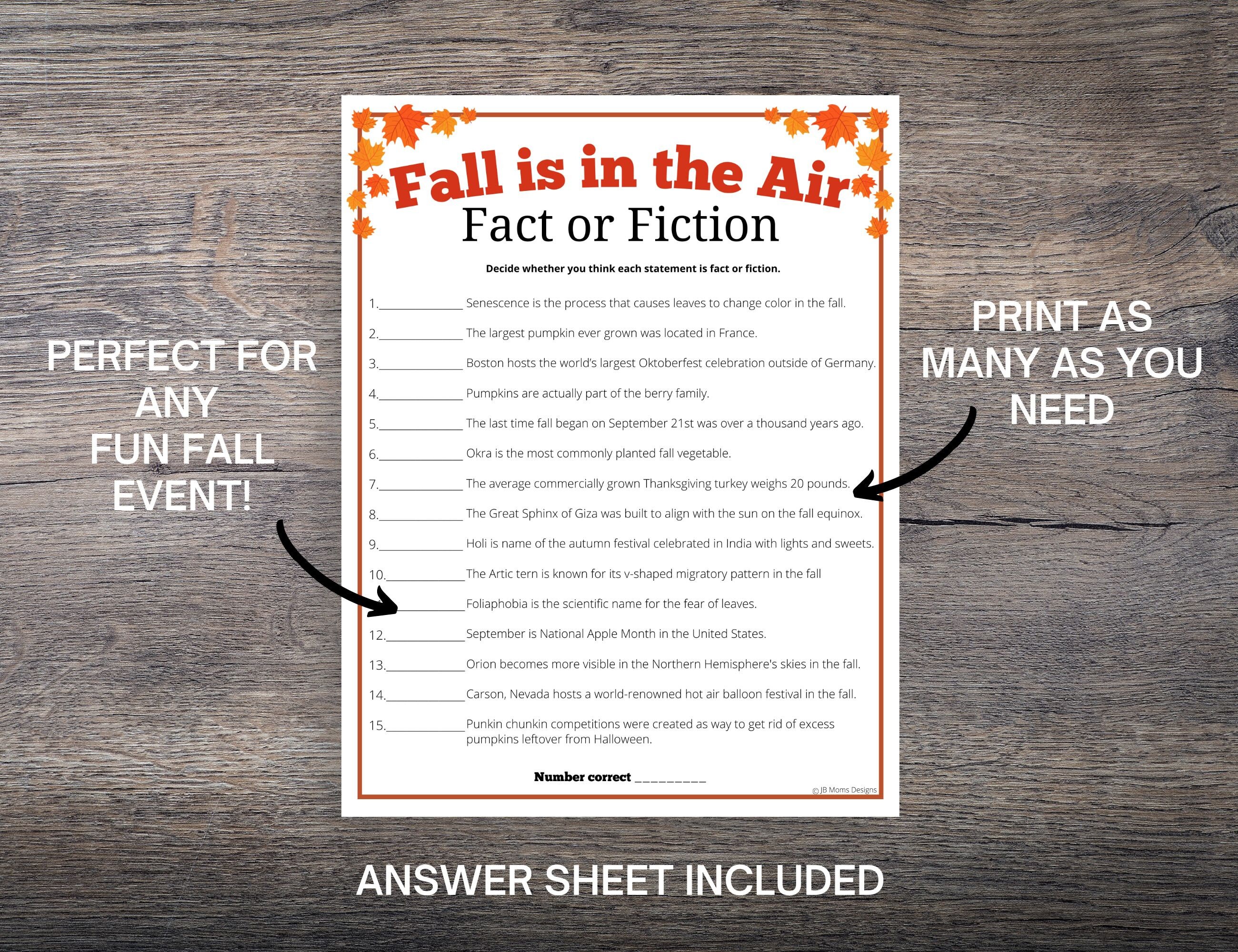 Fall Fact or Fiction Trivia Game: Printable Autumn Activity (PDF) - Etsy