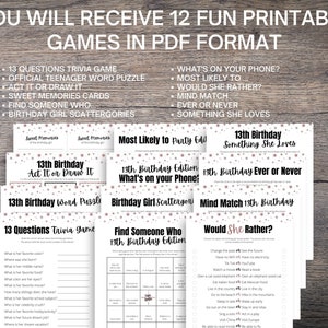 13th Birthday Party Games Bundle for Her, 13th Birthday Games for Girl ...