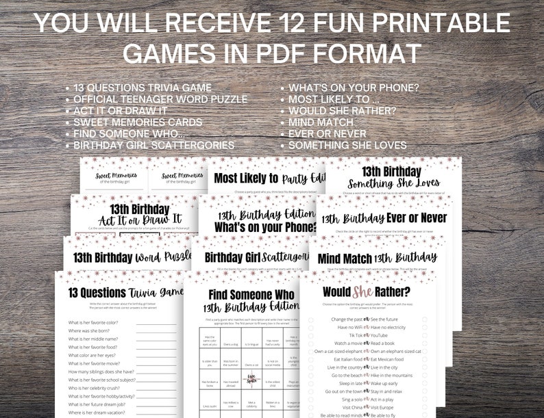 13th Birthday Party Games Bundle for Her 13th Birthday Games - Etsy