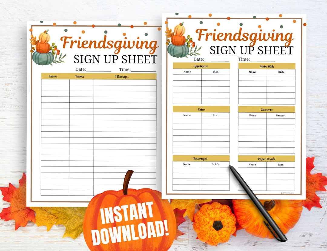 Friendsgiving Potluck Sign up Sheet, Friendsgiving Dinner Signup Sheet ...