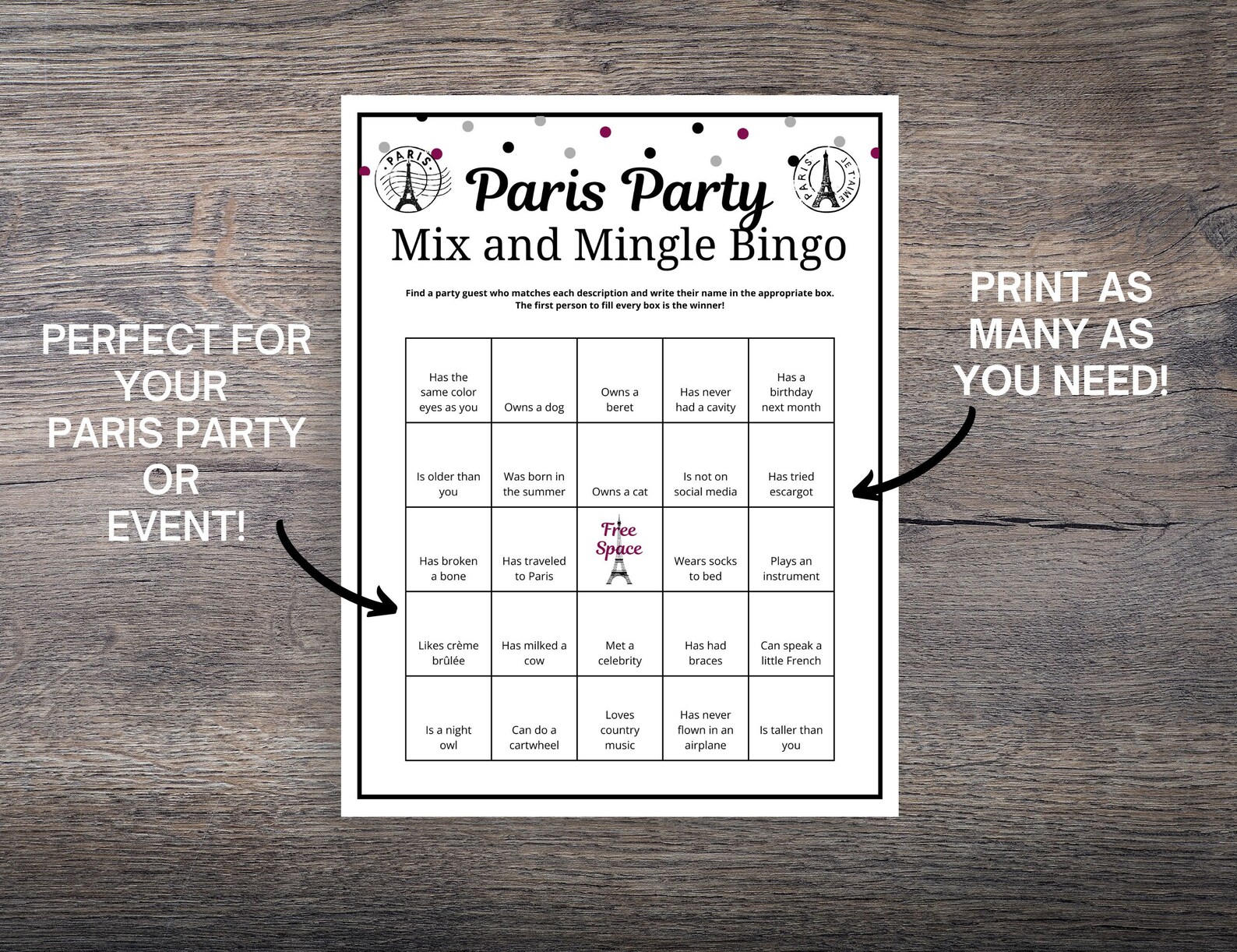 Paris Party Mix and Mingle Bingo Game, Find Someone Who, Find the Guest ...