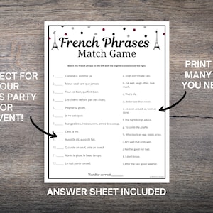 Paris Party Game: French Phrases Matching Quiz (PDF Download) - Etsy