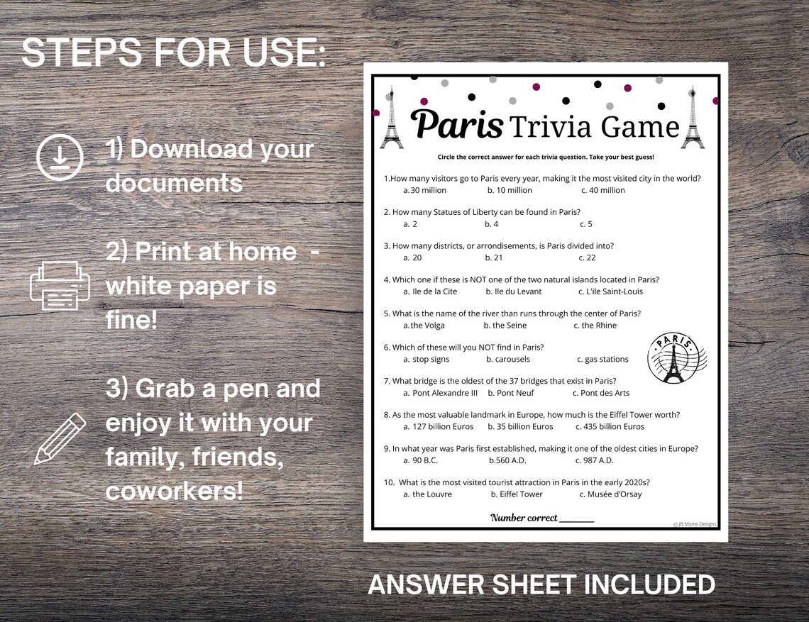 Paris Trivia Game: Fun French Party Quiz (digital Download) - Etsy