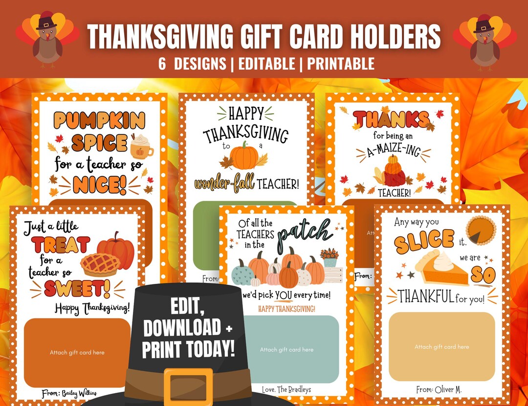 Thanksgiving Teacher Gift Card Holder, Editable Printable (digital ...