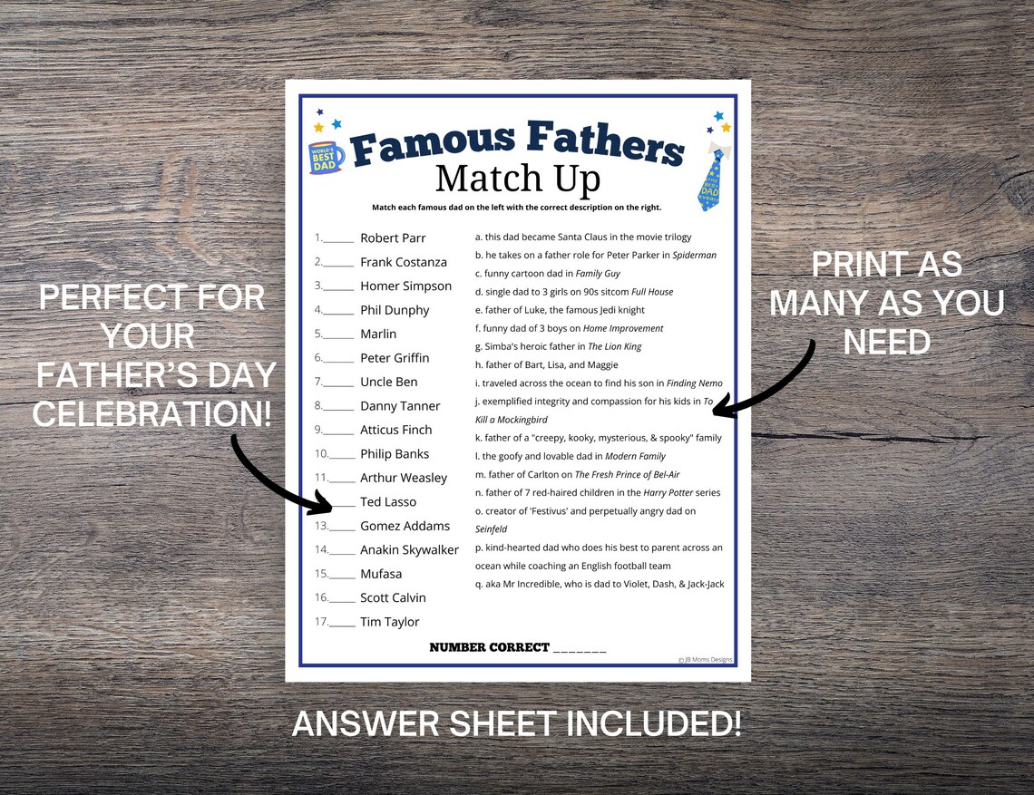Father's Day Trivia Game: Famous Dads Matching Quiz (printable PDF) - Etsy