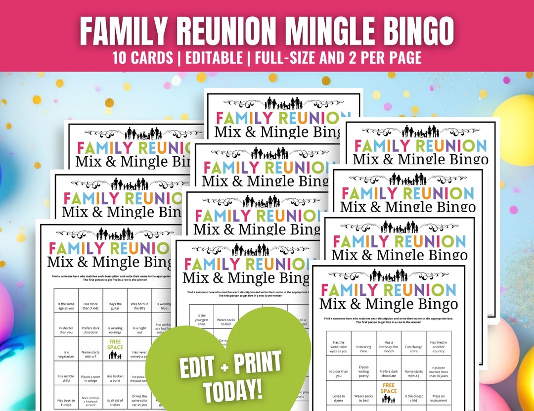 Family Reunion Find Someone Bingo, Mix & Mingle Bingo Icebreaker Game ...