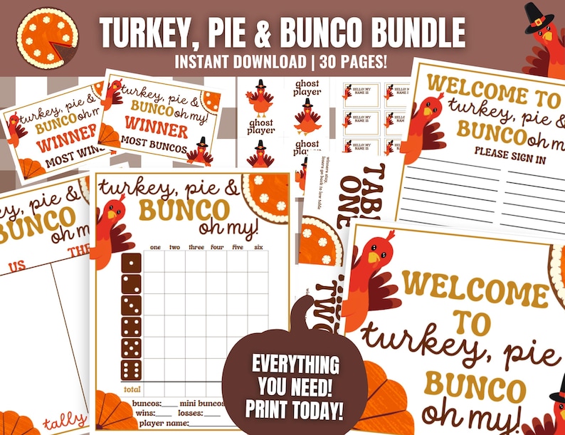 Thanksgiving Bunco Party Bundle: Printable Scorecards, Tally Sheets ...