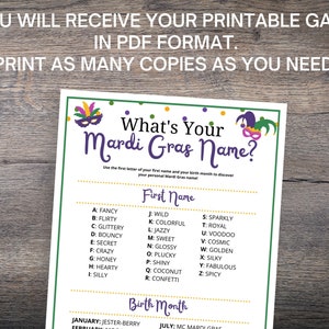 What's Your Mardi Gras Name Game Printable, Funny Mardi Gras Game, Easy ...