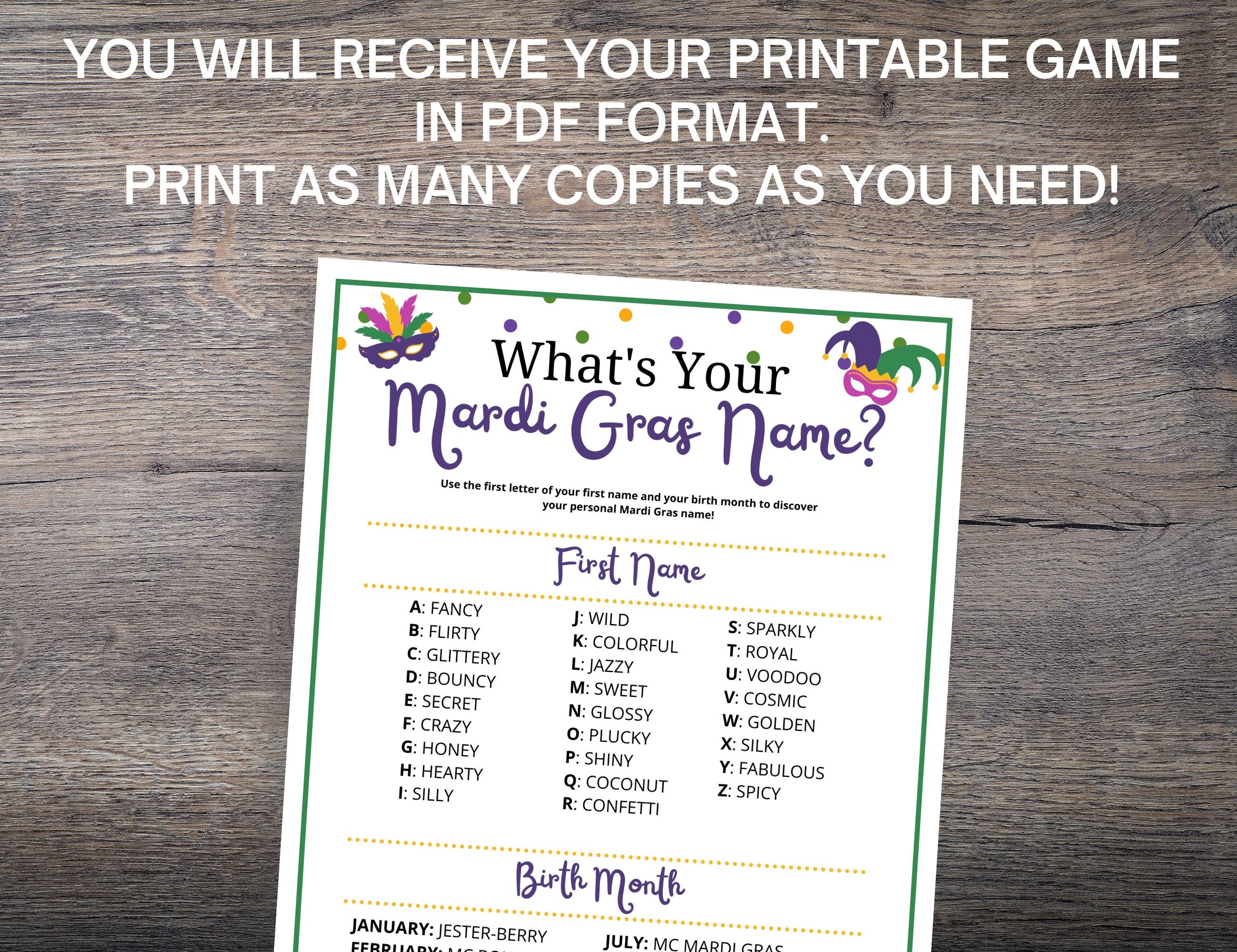 Mardi Gras Name Game Printable: Party Activity (digital Download) - Etsy