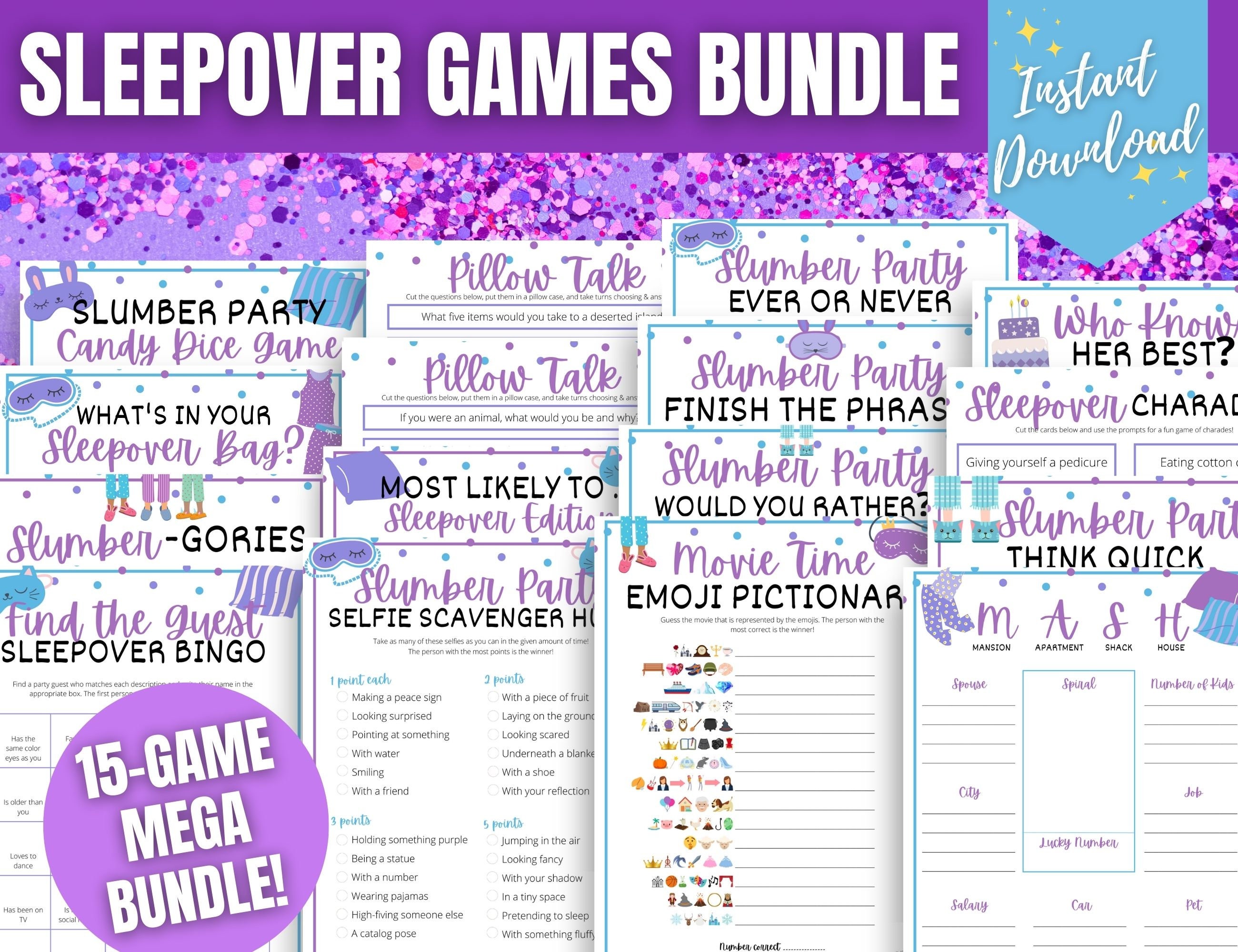 Slumber Party 15 Game Mega Bundle Fun Sleepover Games For Etsy