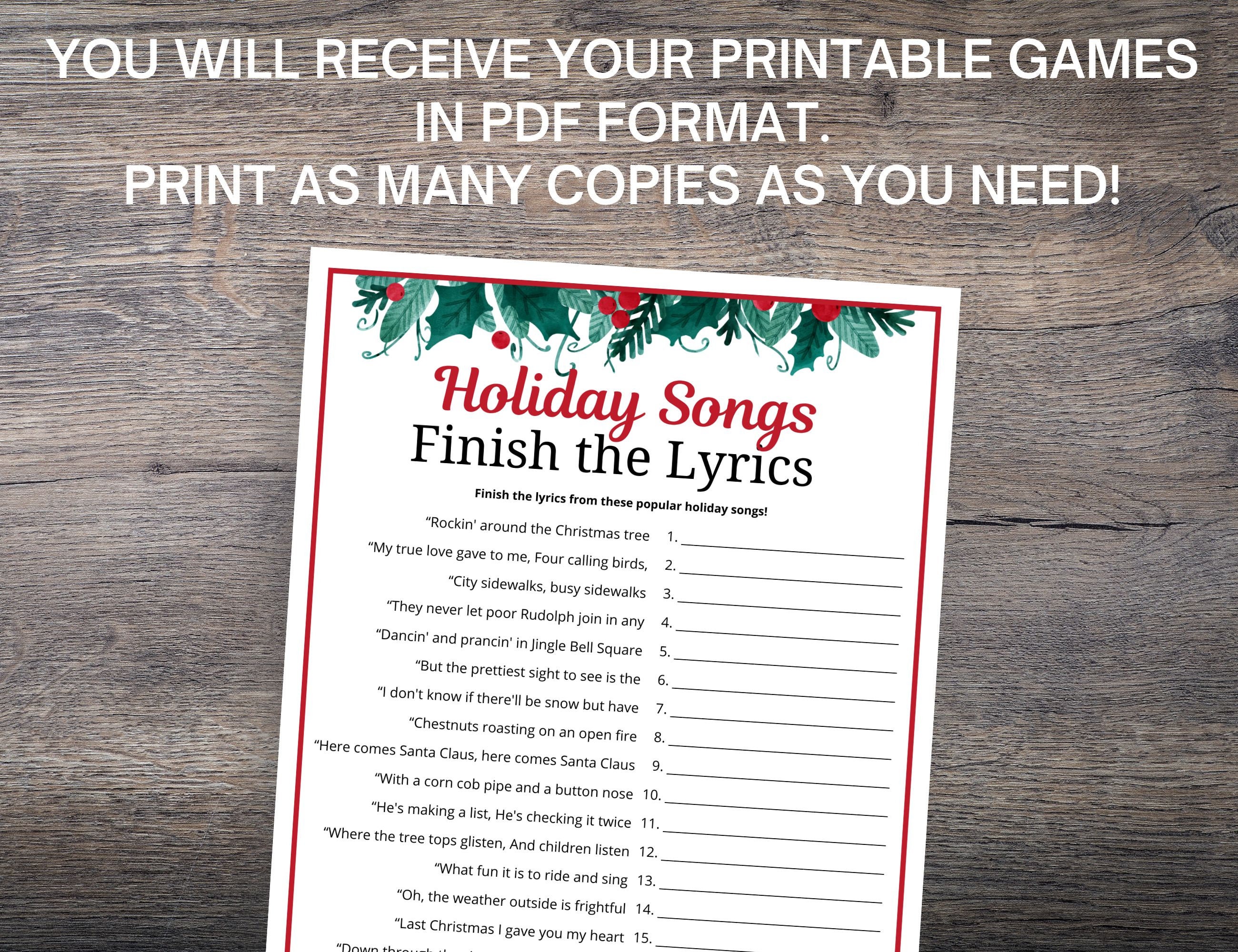Christmas Song Lyrics Game: Holiday Party Fun Activity (printable PDF ...
