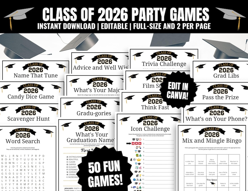 Class of 2026 Graduation Games: 50 Editable Grad Party Activities ...