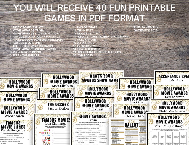 Hollywood Party Games Bundle: 50 Printable Movie Awards Games ...