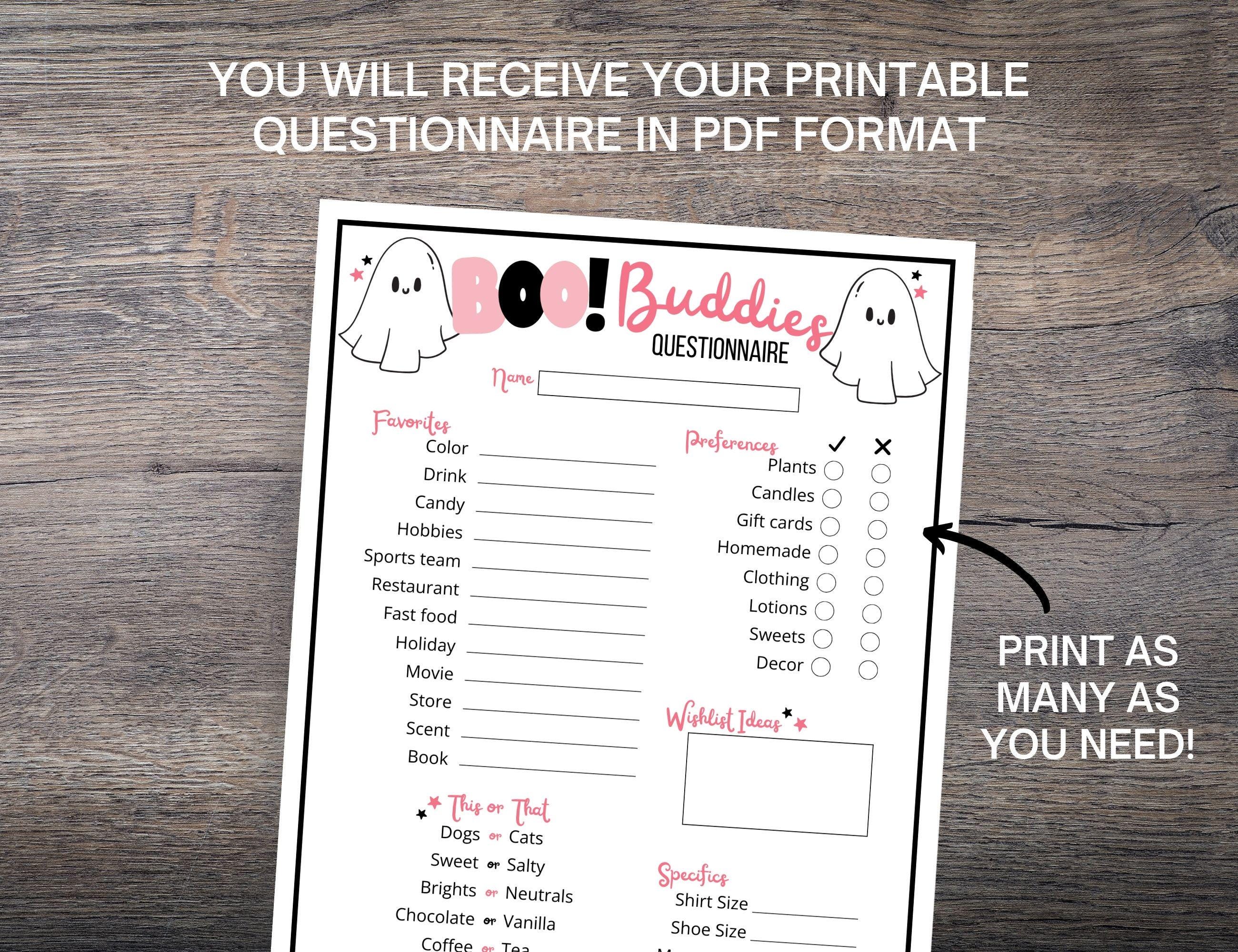 Pink Halloween Boo Buddy Questionnaire: Gift Exchange Template ...