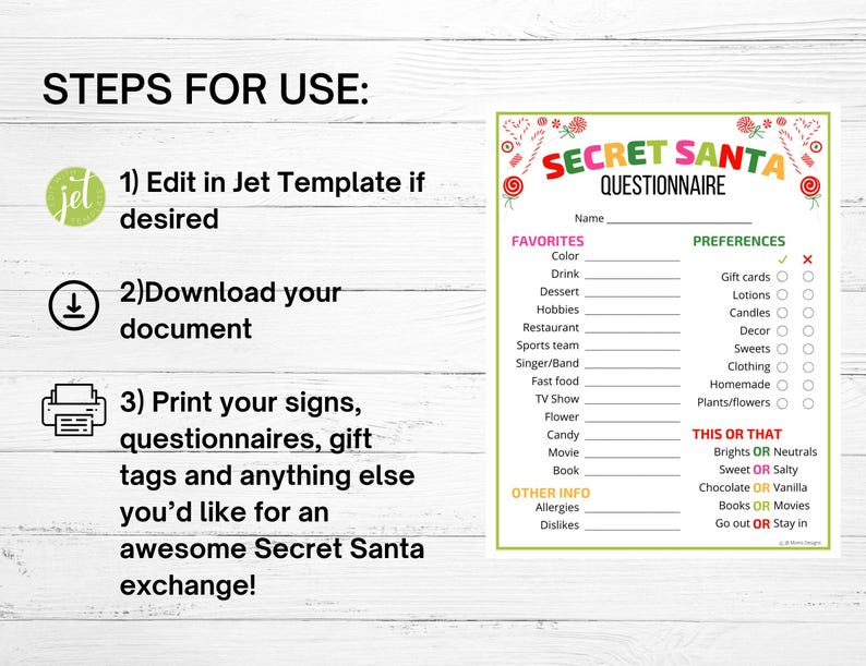 Secret Santa Gift Exchange Kit: Printable Questionnaires, Gift Tags and ...
