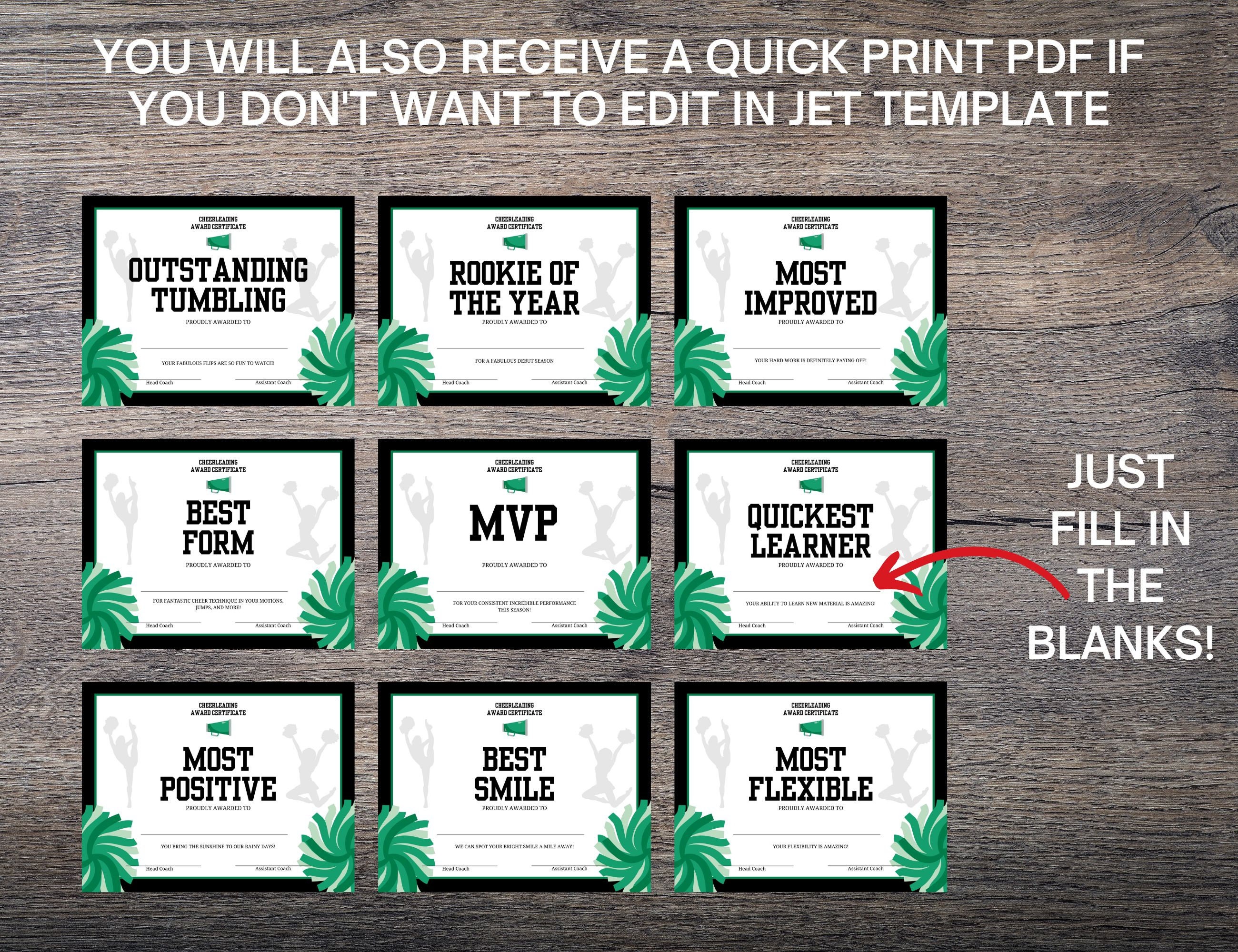 Editable Cheerleading Award Certificates: Team Awards With Green ...