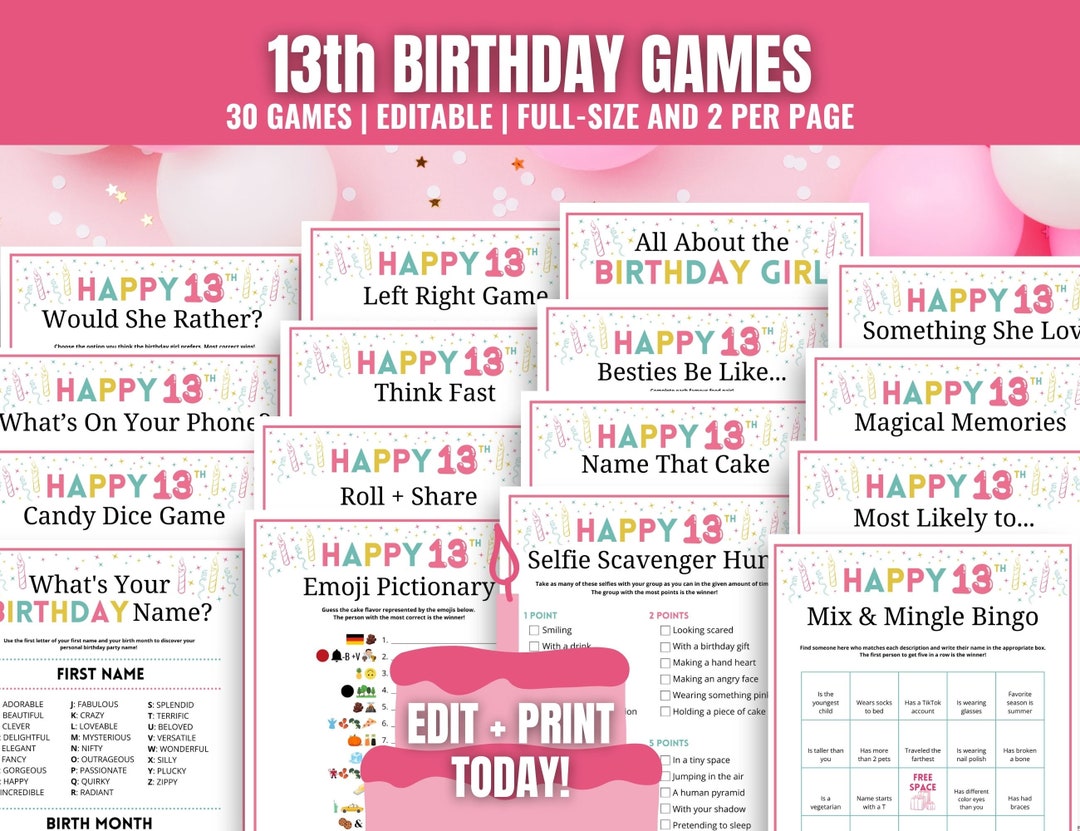 13th Birthday Party Games Bundle for Her, Editable 13th Birthday Games ...