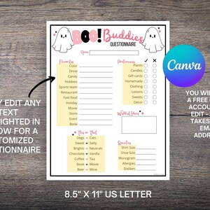Pink Halloween Boo Buddy Questionnaire: Gift Exchange Template ...