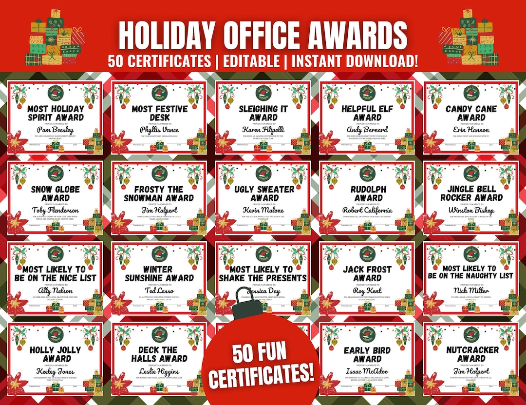 Editable Christmas Office Awards: 50 Holiday Certificates (digital ...