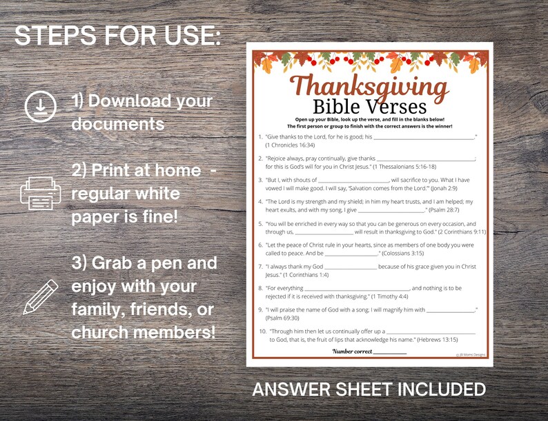 Thanksgiving Bible Verses Trivia Game: Christian Printable (digital ...