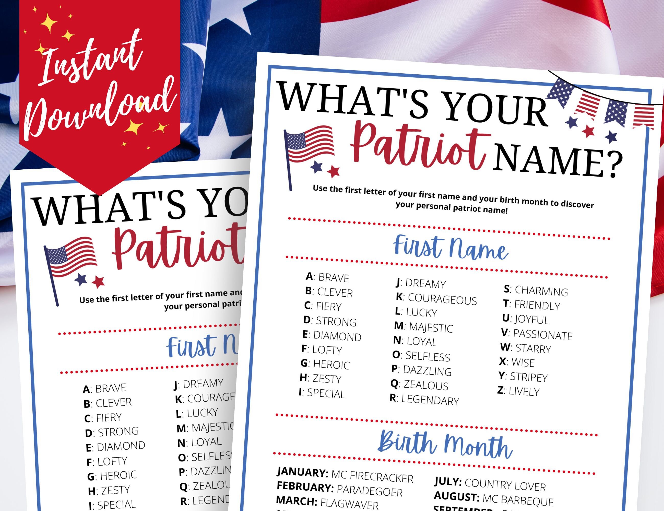 What's Your Patriot Name Game Memorial Day Game 4th of - Etsy