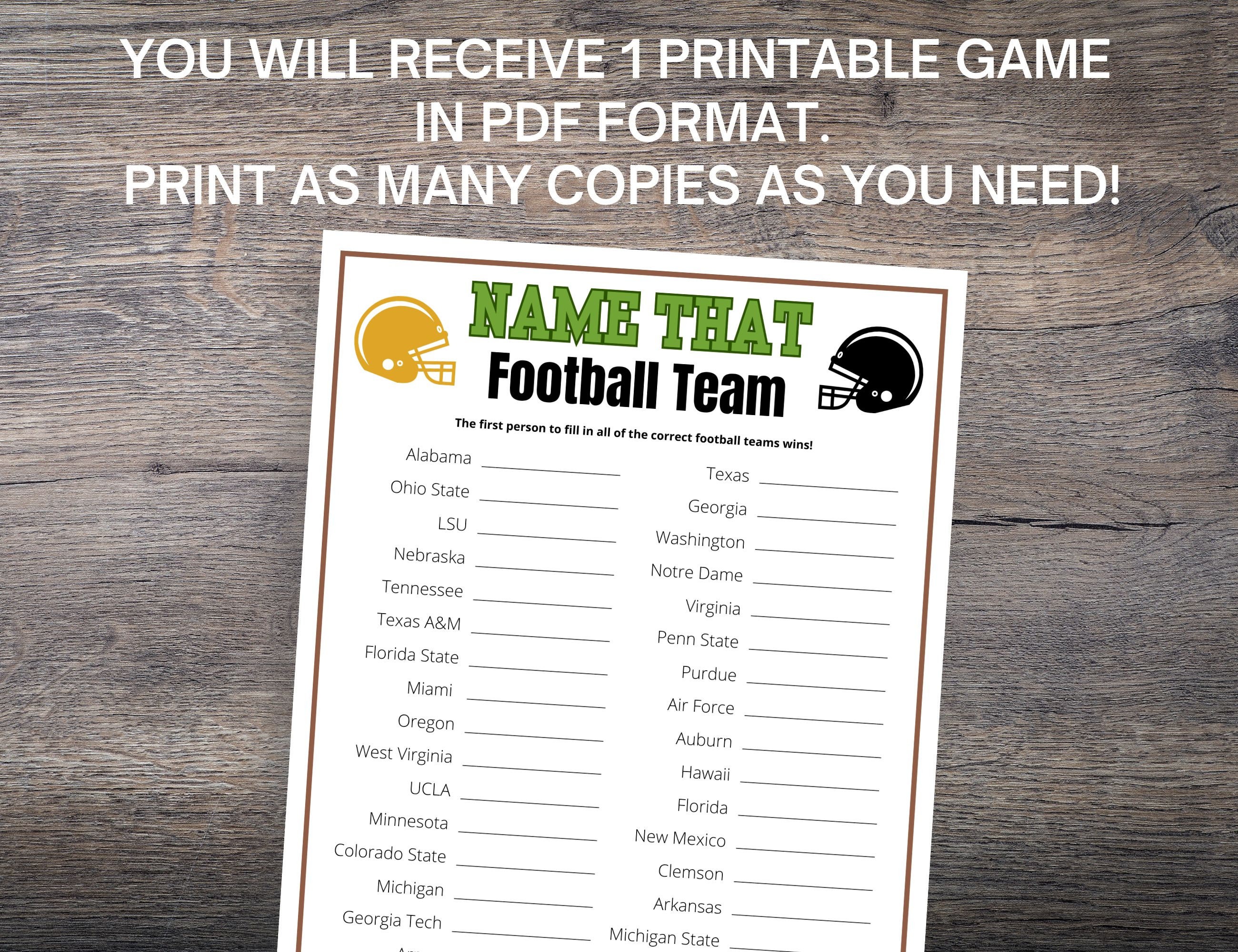 College Football Team Name Game: Tailgate Party Trivia Quiz (PDF ...