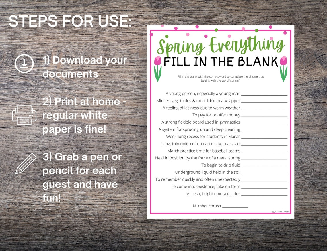 Spring Fill in the Blank Word Game Fun Spring Party Game - Etsy