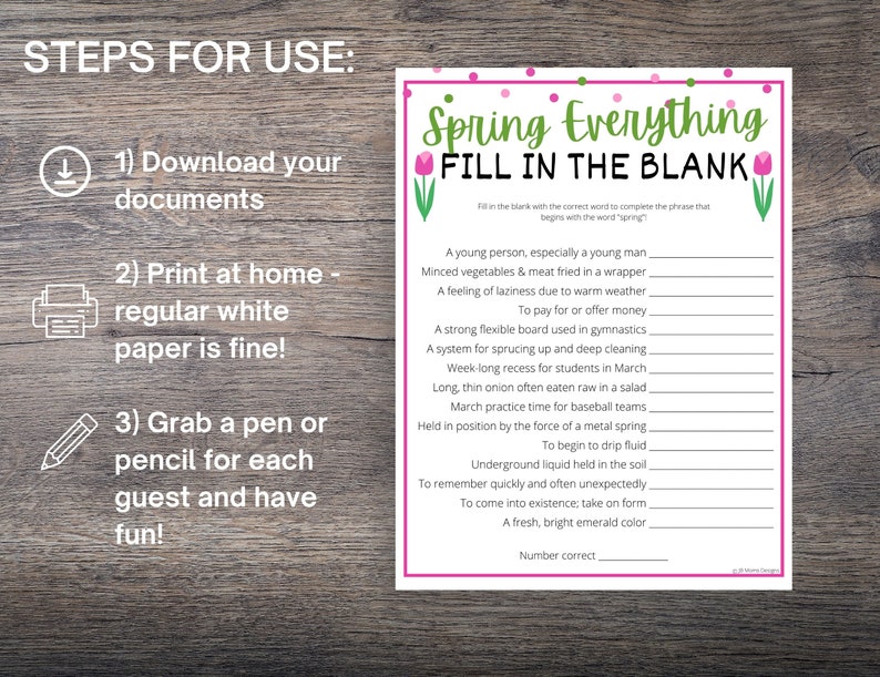 Spring Fill in the Blank Word Game Fun Spring Party Game - Etsy
