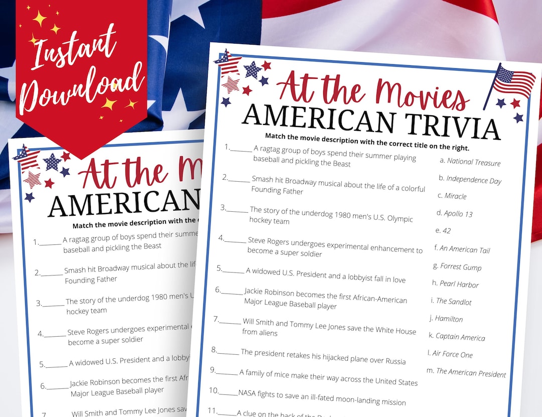 At the Movies American Trivia Game, Fun 4th of July Trivia Game, July ...