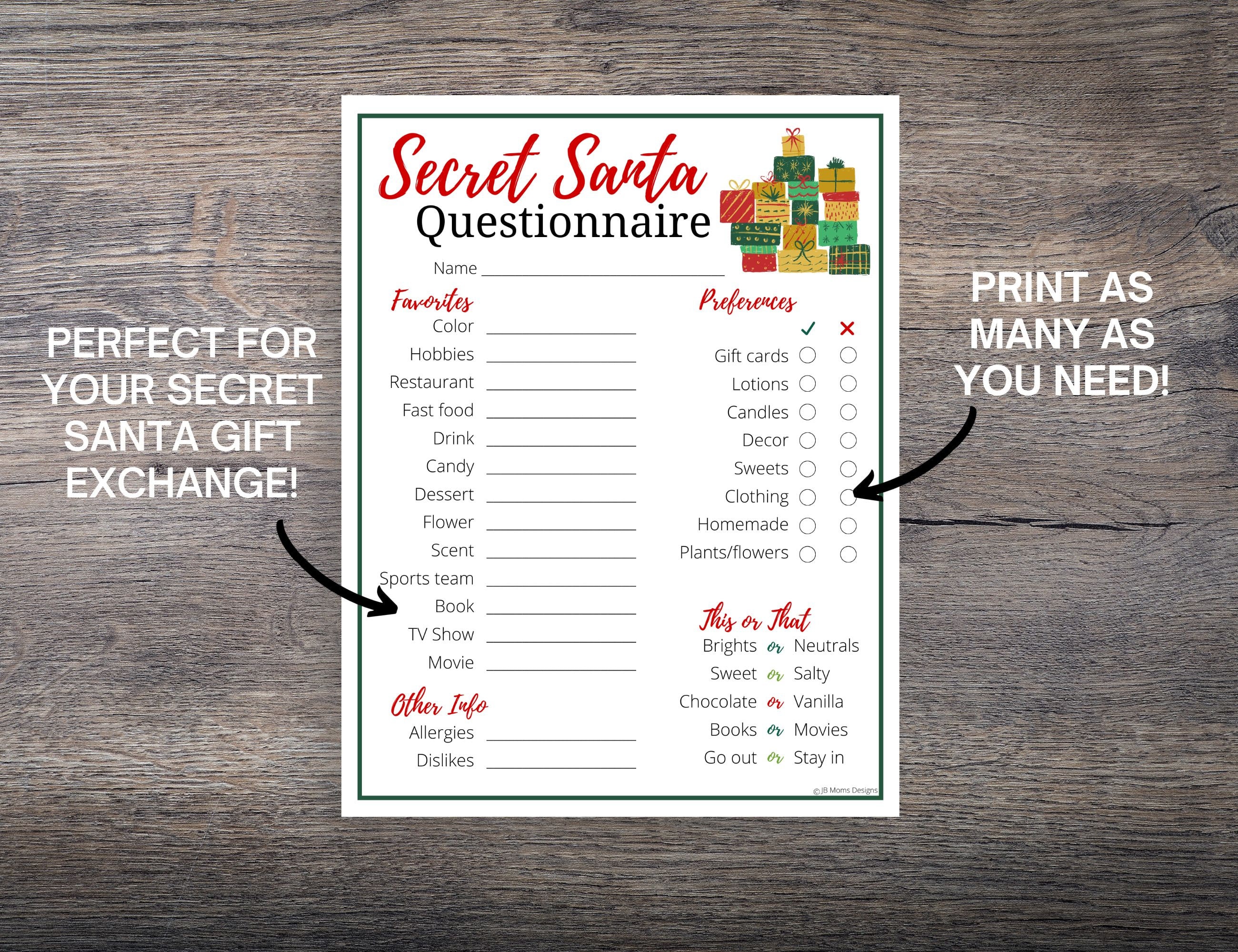 Secret Santa Questionnaire, Gift Exchange Form (digital Download) - Etsy