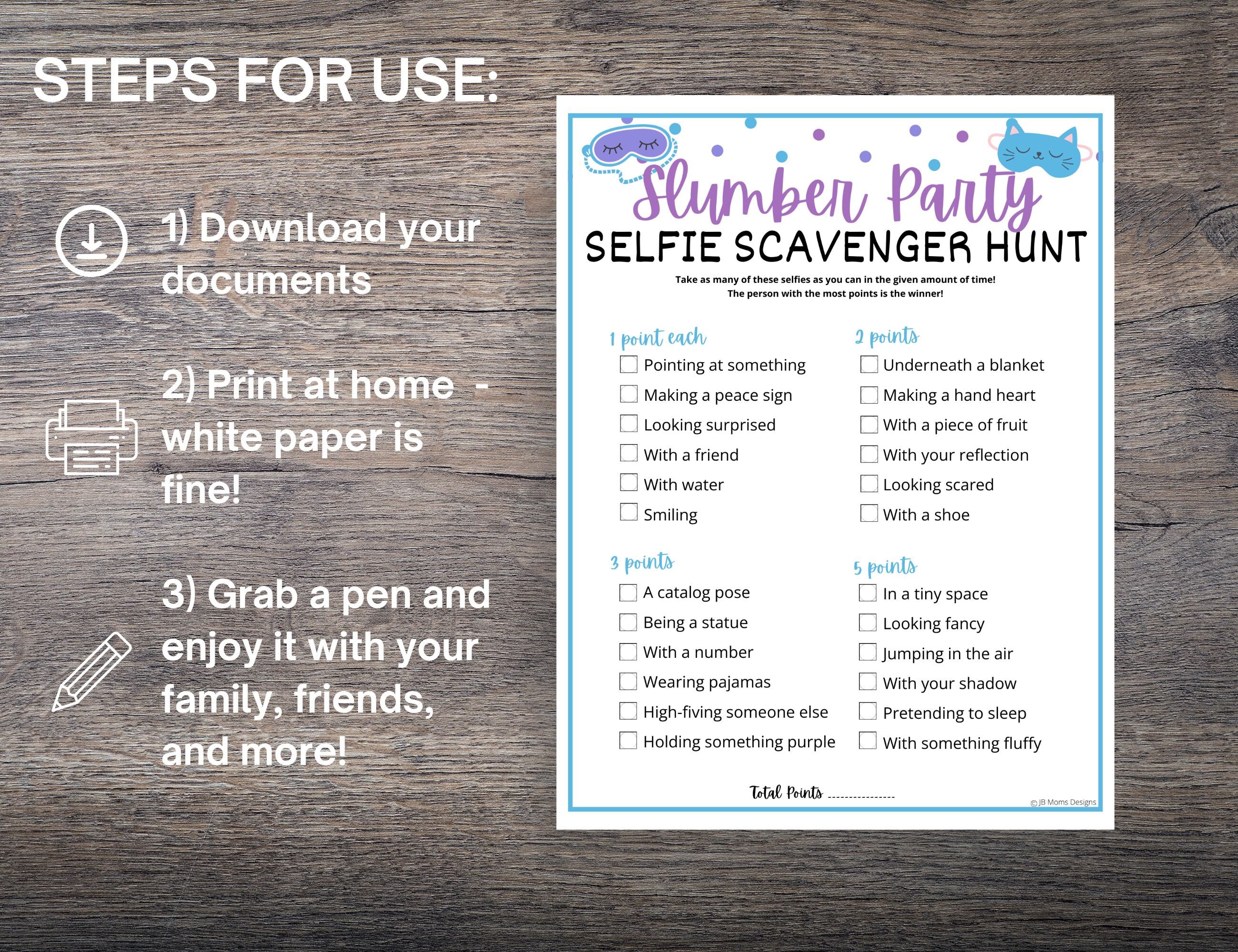 Sleepover Selfie Scavenger Hunt Game: Tween/teen Pajama Party Activity ...