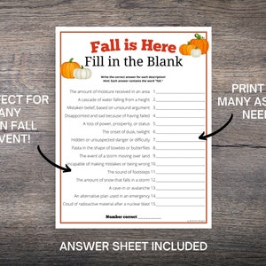 Fall Fill-in-the-blank Game: Printable Autumn Activity (PDF Download ...