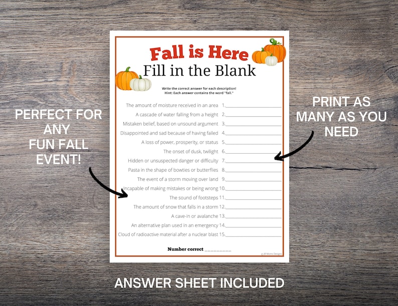 Fall Fill-in-the-blank Game: Printable Autumn Activity (PDF Download ...