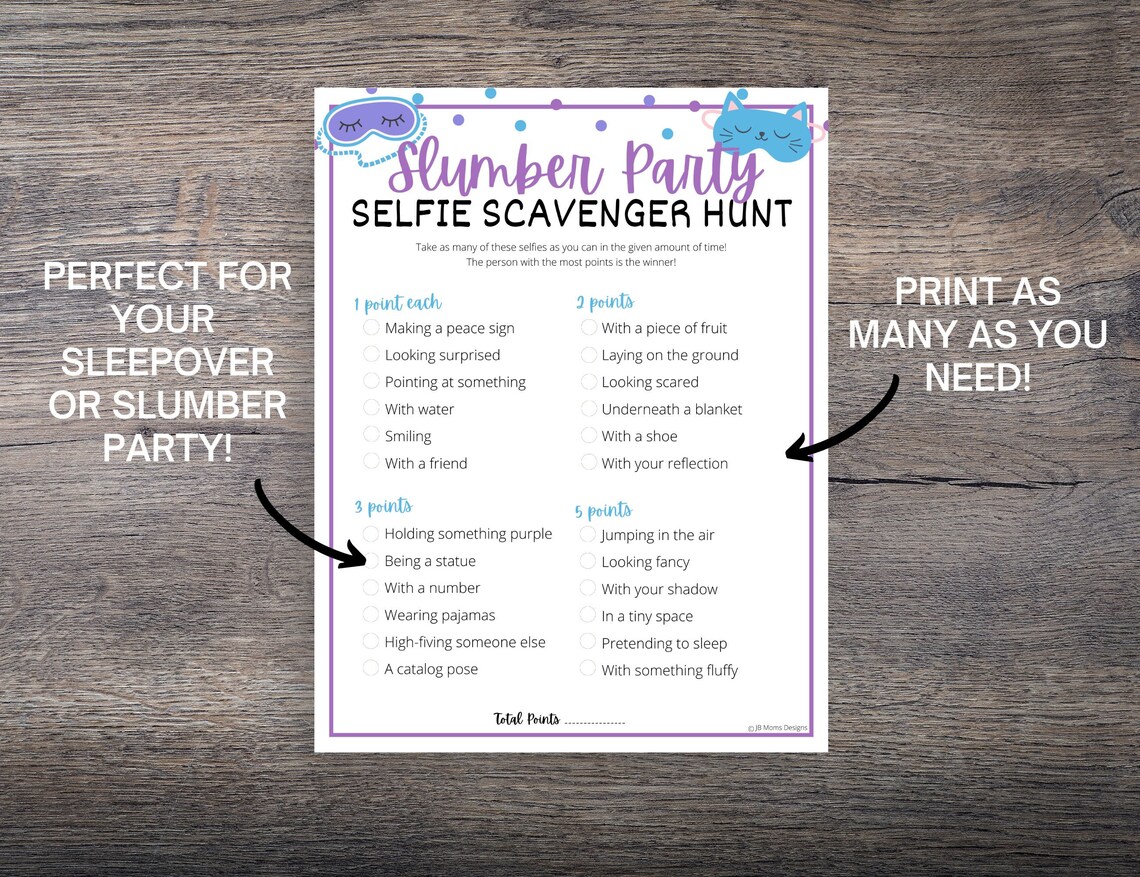Sleepover Selfie Scavenger Hunt Game Slumber Party Game for - Etsy