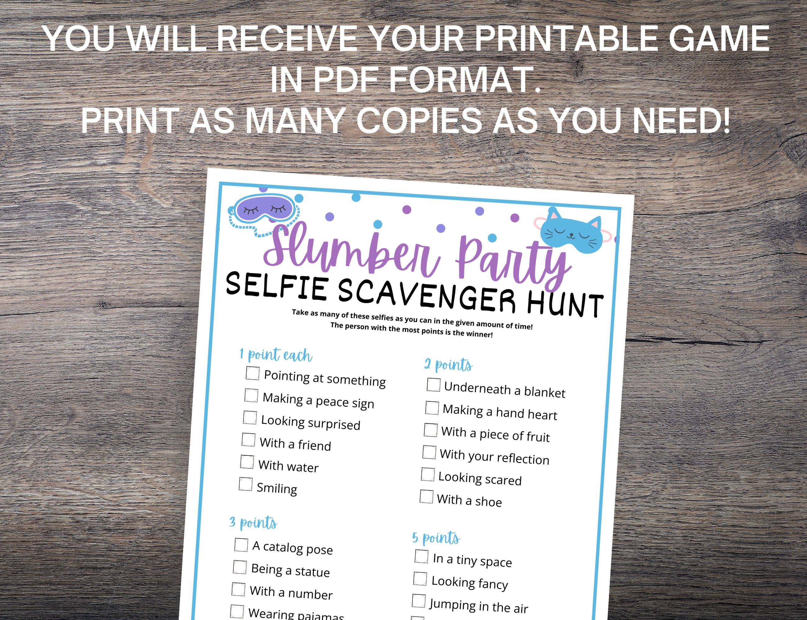 Sleepover Selfie Scavenger Hunt Game: Tween/teen Pajama Party Activity ...