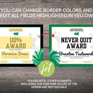 Editable Cheerleading Award Certificates: Team Awards With Green ...