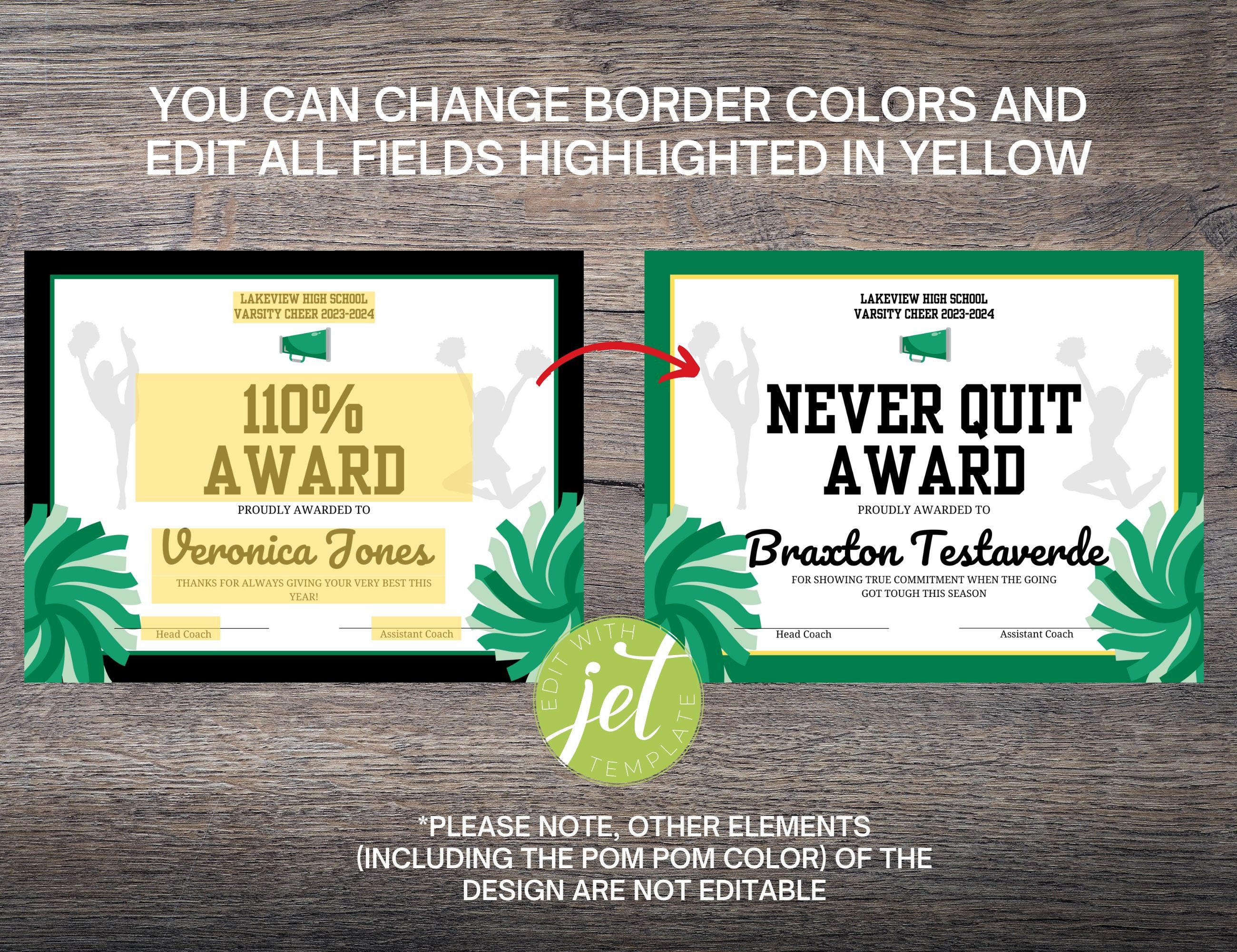 Editable Cheerleading Award Certificates: Team Awards With Green ...