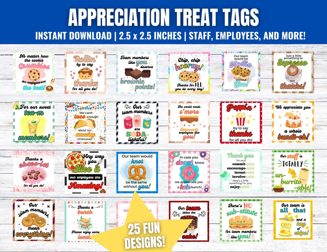 Employee Appreciation Treat Tags: 25 Designs (PDF) - Etsy