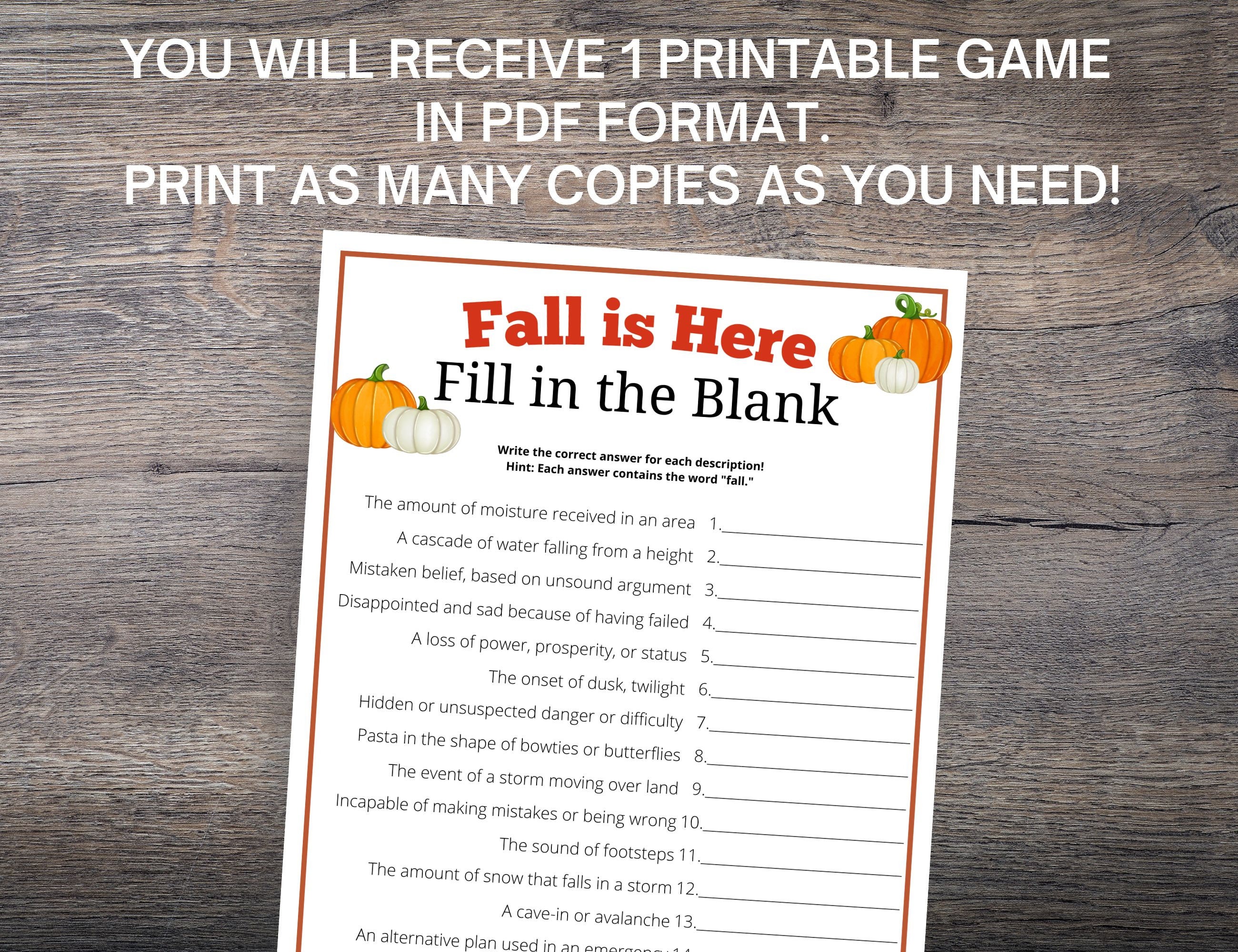 Fall Fill-in-the-blank Game: Printable Autumn Activity (PDF Download ...