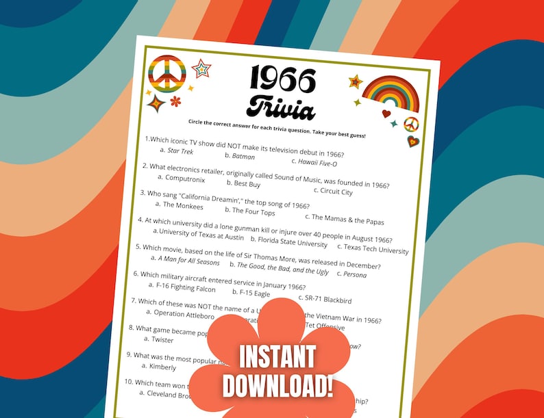 1966 Trivia Game: 60th Birthday or Anniversary Party Quiz (instant ...