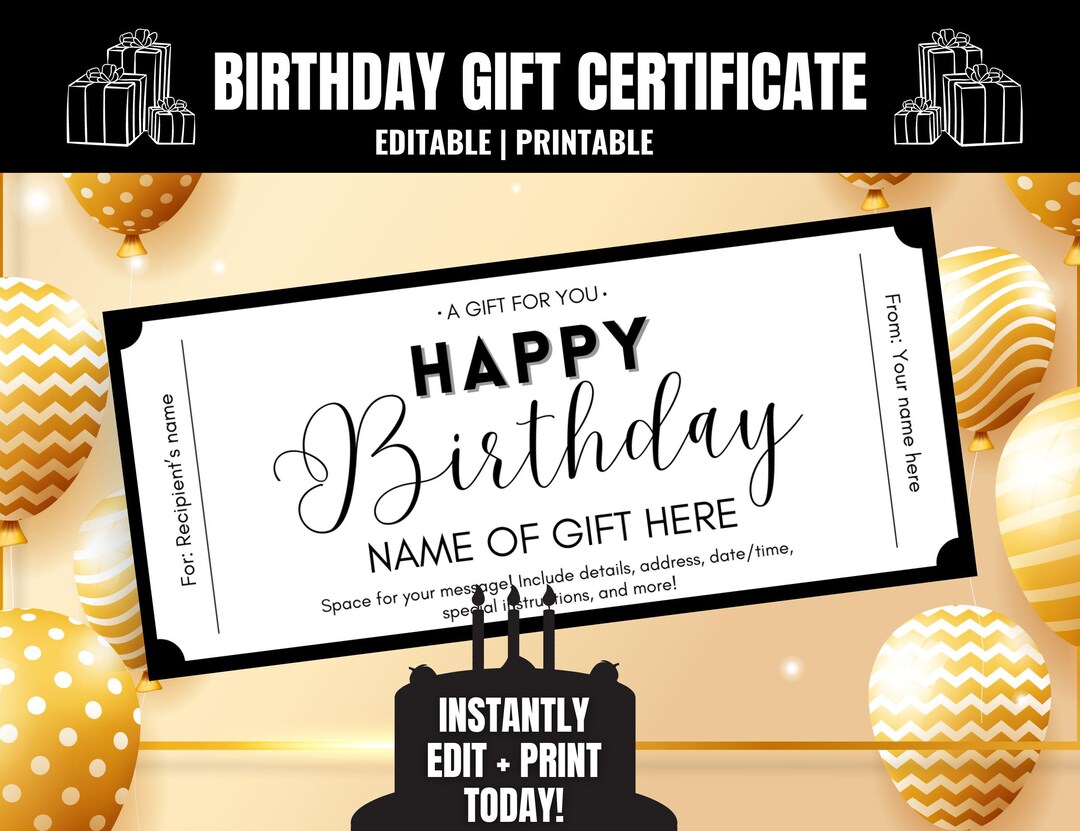Editable Birthday Gift Voucher, Birthday Gift Certificate, Printable ...