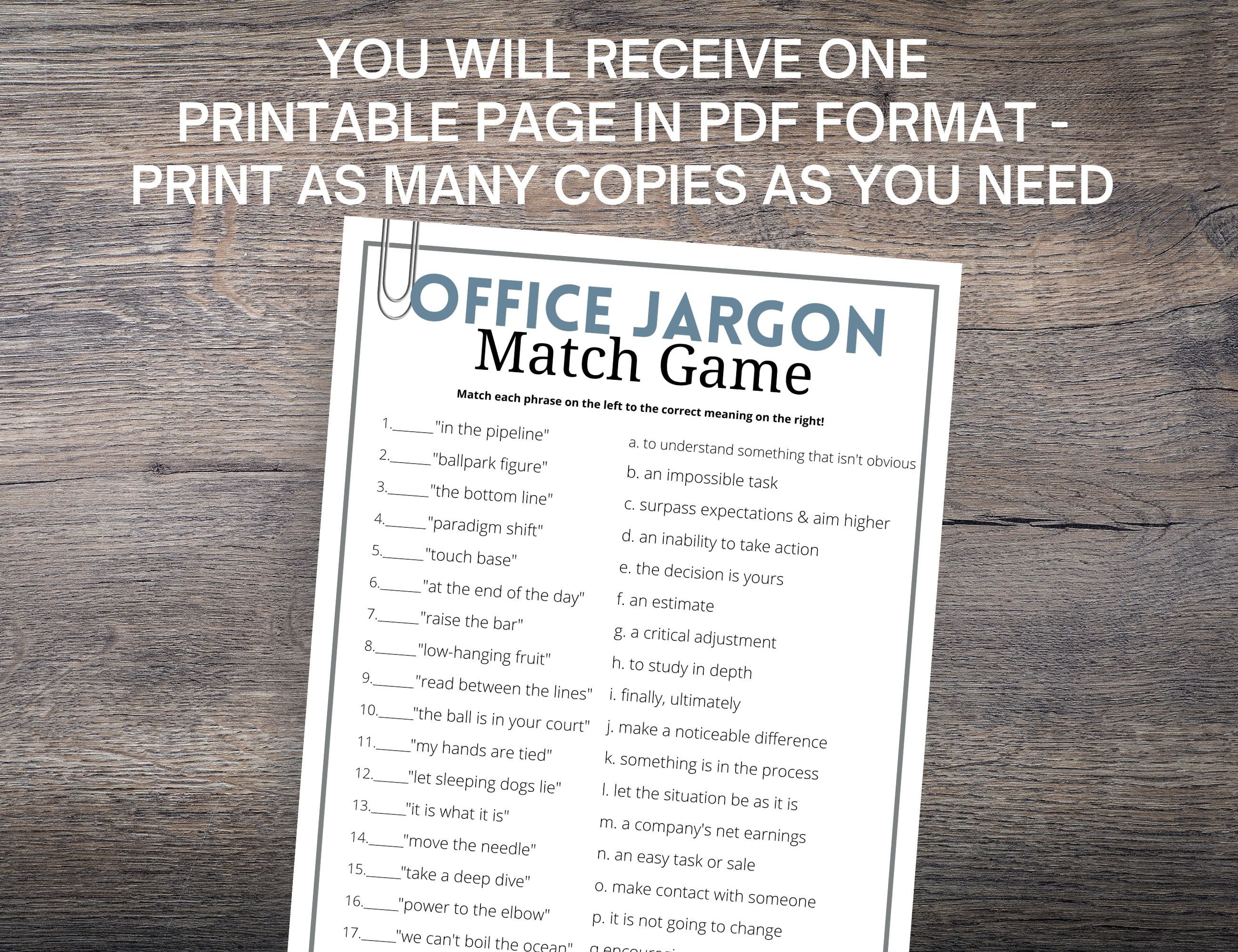 Office Jargon Matching Game: Work Party Team Building (printable PDF ...