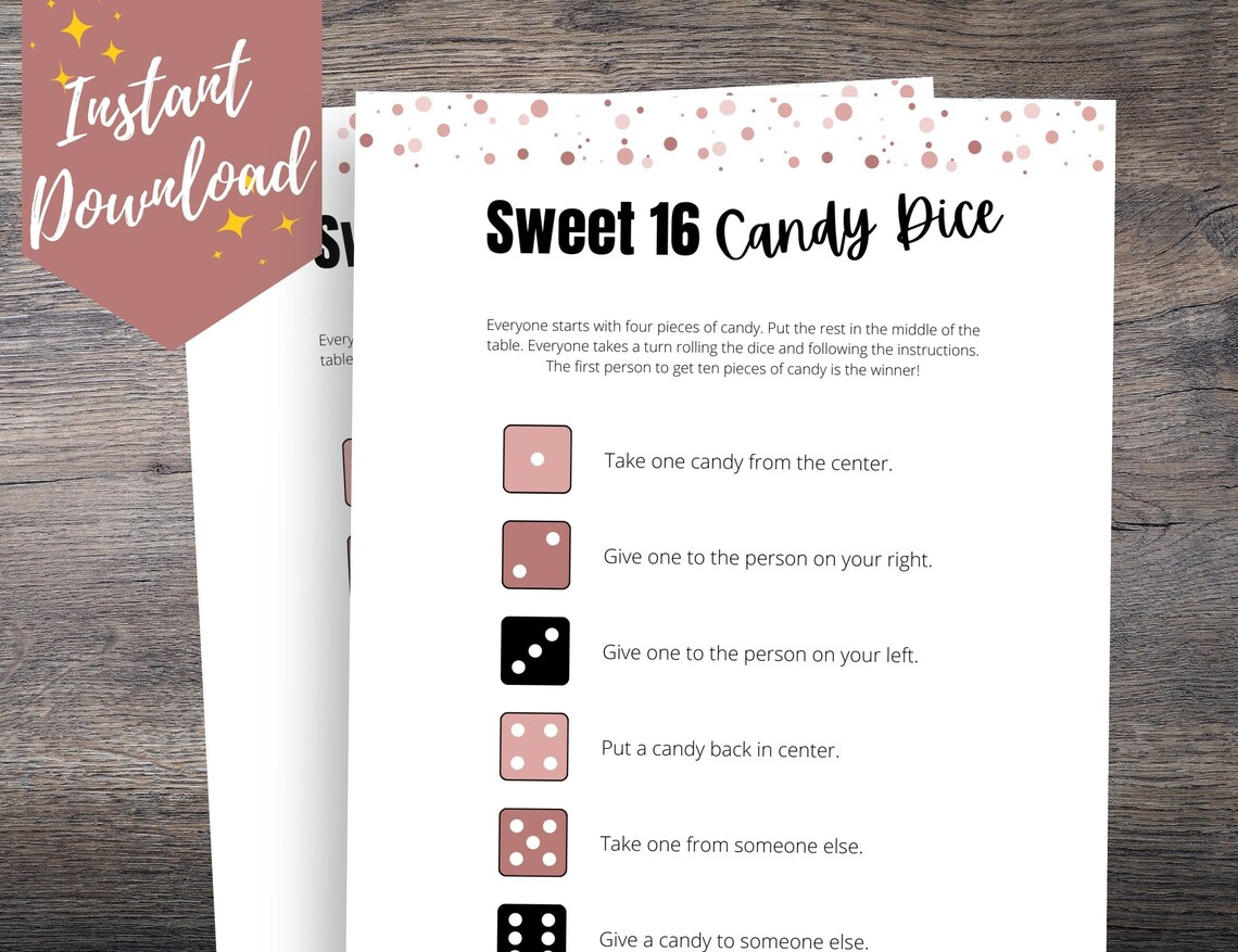 Sweet 16 Candy Dice Game Sweet 16 Party Game Printable for - Etsy