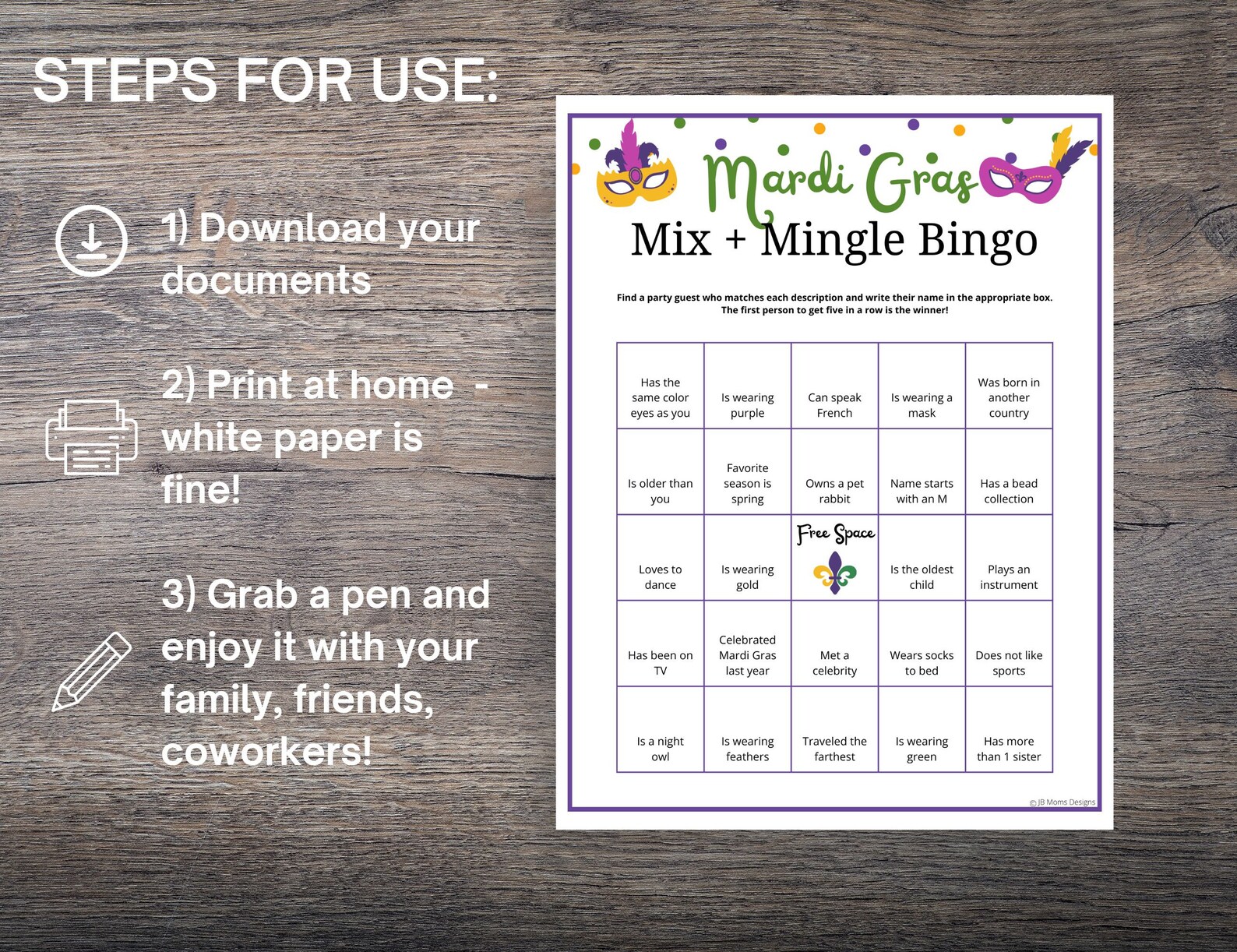 Mardi Gras Human Bingo Game: Mix and Mingle Party Icebreaker Activity ...