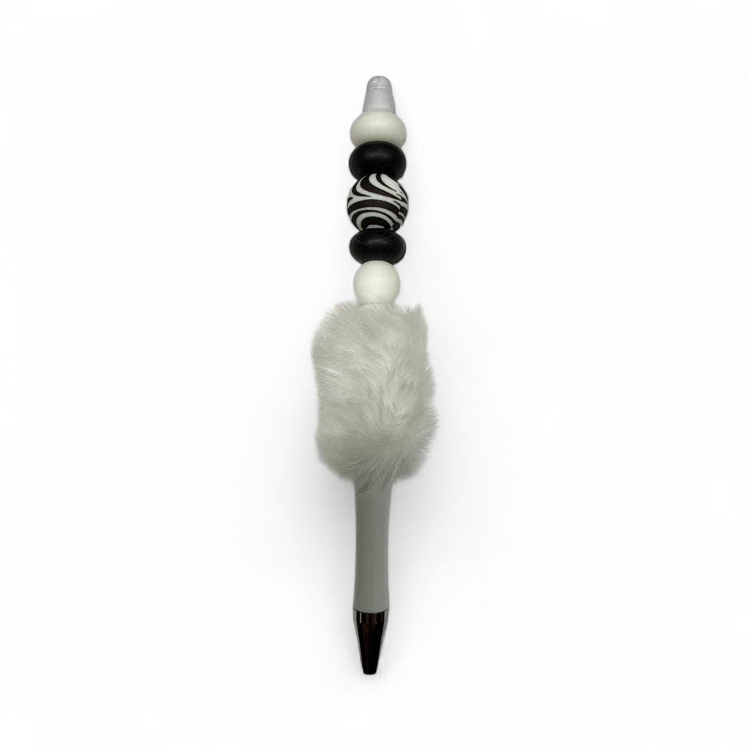 Furry White Plastic Pen With White Fur & Black-and-white Beads | Fun ...