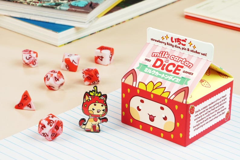 Strawberry Cat – Pink Kawaii RPG Dice Gift | Dnd Dice Set W/ Pin ...