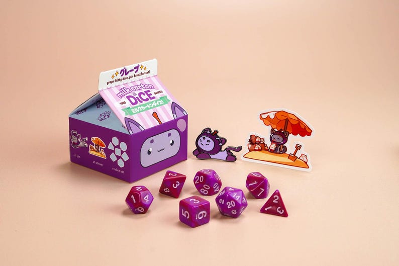 Grape Cat Dice – Kawaii Dnd Resin Dice Gift | Milk Carton Set W/ Pin ...