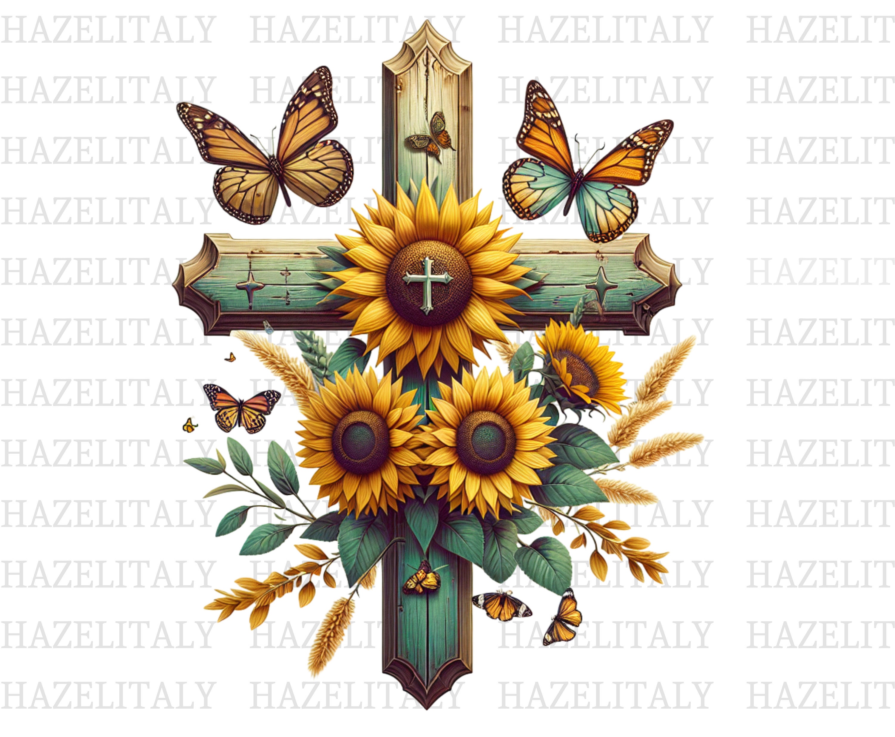 Rustic Sunflower Cross With Butterflies – Digital PNG for Sublimation ...