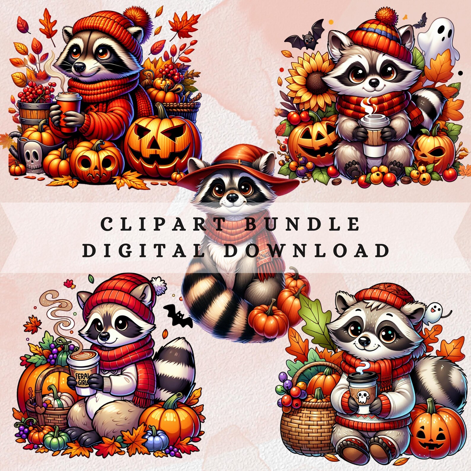 Fall Halloween Raccoon Clipart Bundle, Autumn Clipart, Raccoon PNG ...